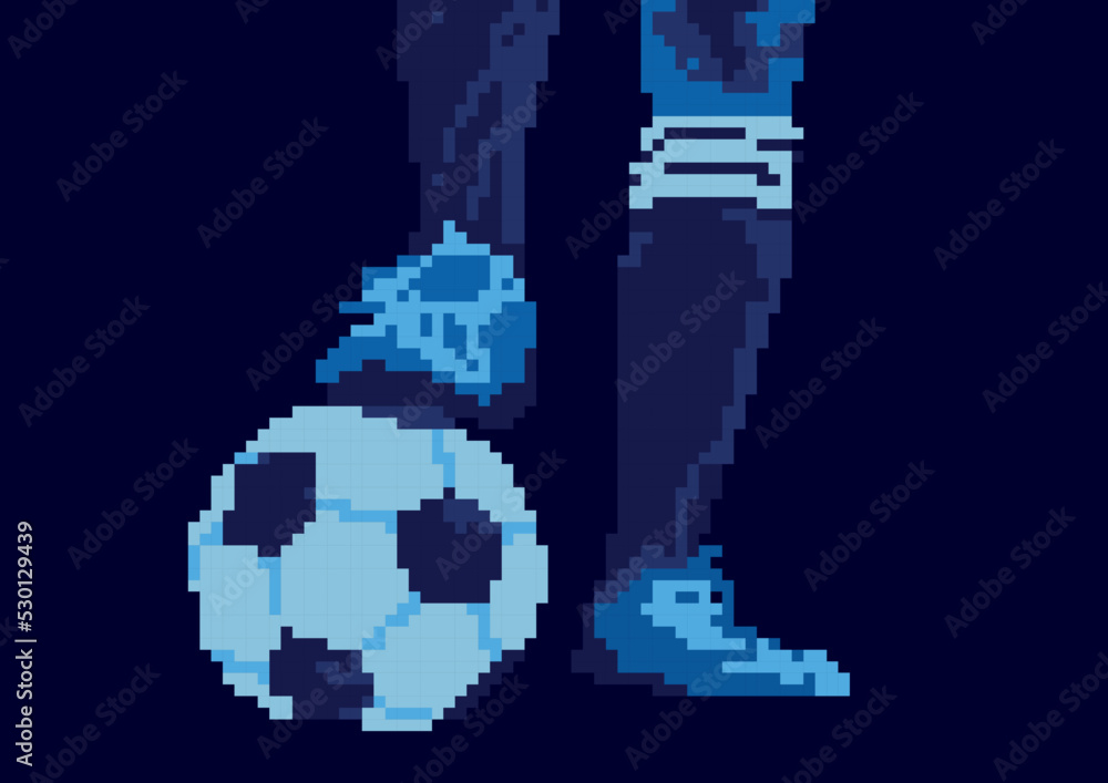 Football Soccer Player and Ball in Pixel Vector Illustration with Blue ...