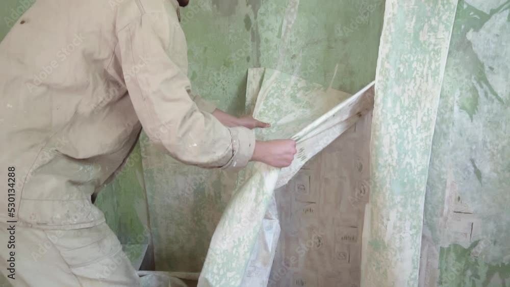 Man is tearing huge piece of wallpaper from the wall during house ...