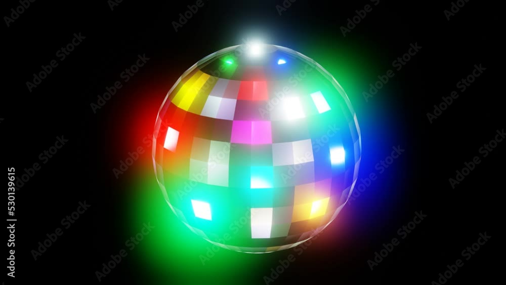 3D loop animation rotating retro disco mirror ball with color glow ...