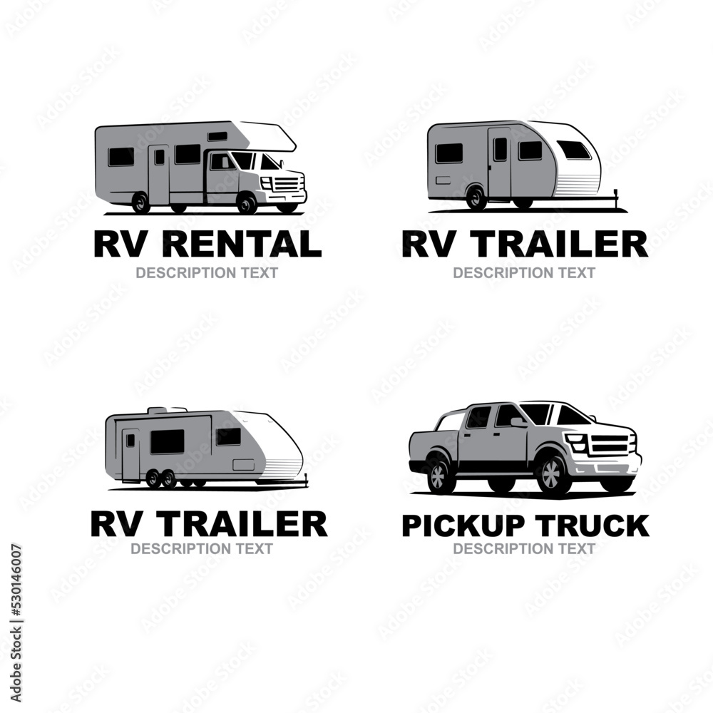 Set of monochrome camper van car logo. Recreational vehicle and camping ...
