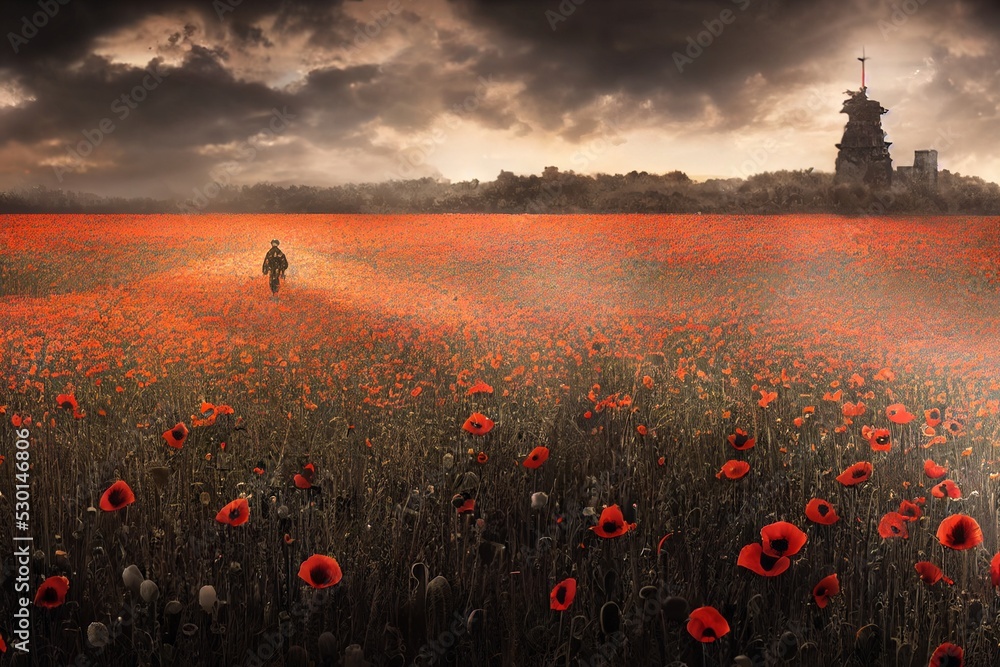 Poppy field. Remembrance day concept. Neural network generated art ...