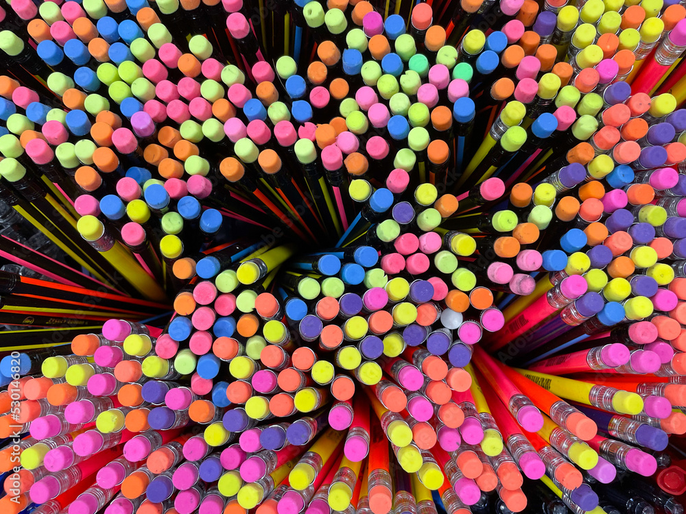 Colored pencils and pens. School supplies, materials for creativity and ...