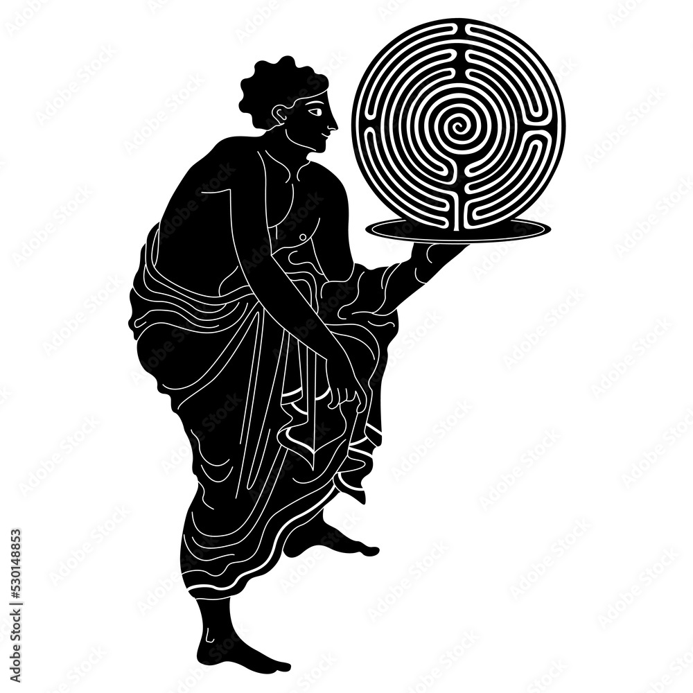 Ancient Greek young man holding a round spiral maze or labyrinth symbol ...