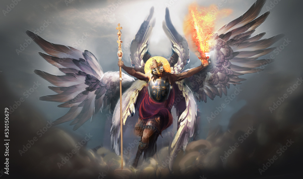 warrior six wings angel with burning swords Stock Illustration | Adobe ...