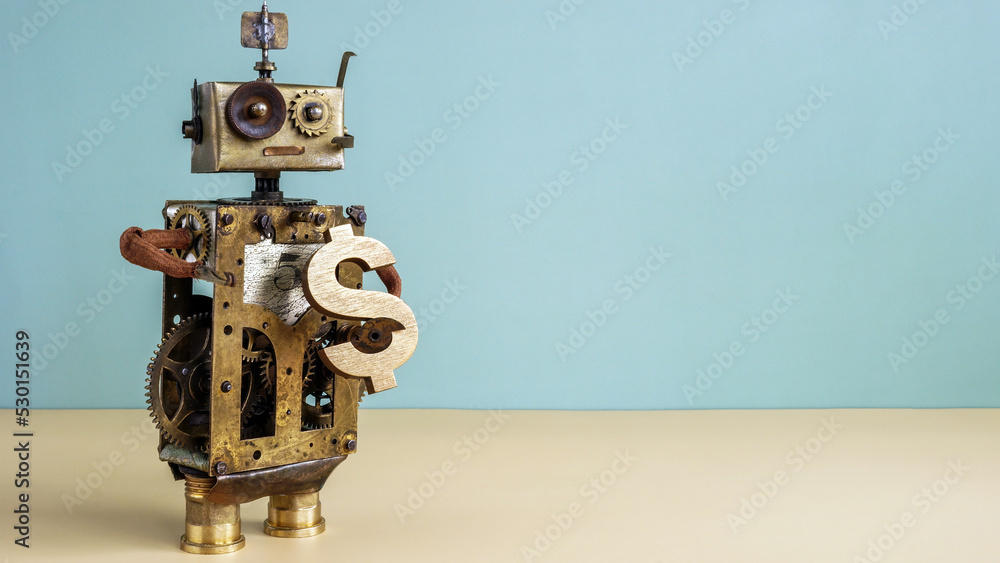 Old robot holds dollar sign as symbol of investment and savings. Stock ...