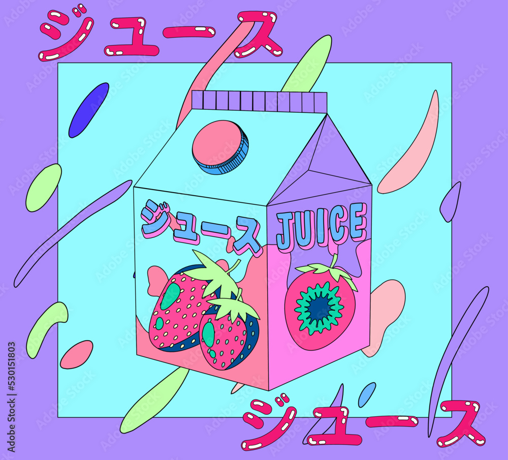 Retro anime style illustration of a strawberry juice pack. Vaporwave ...