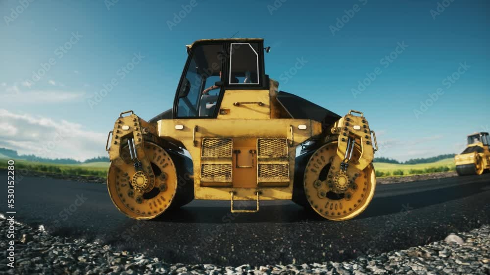 Road construction. Roller rolling fresh hot asphalt on the new road. 3d ...