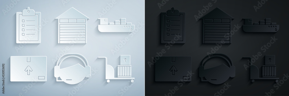 Set Support operator in touch, Cargo ship with boxes delivery service, Cardboard traffic symbol ...