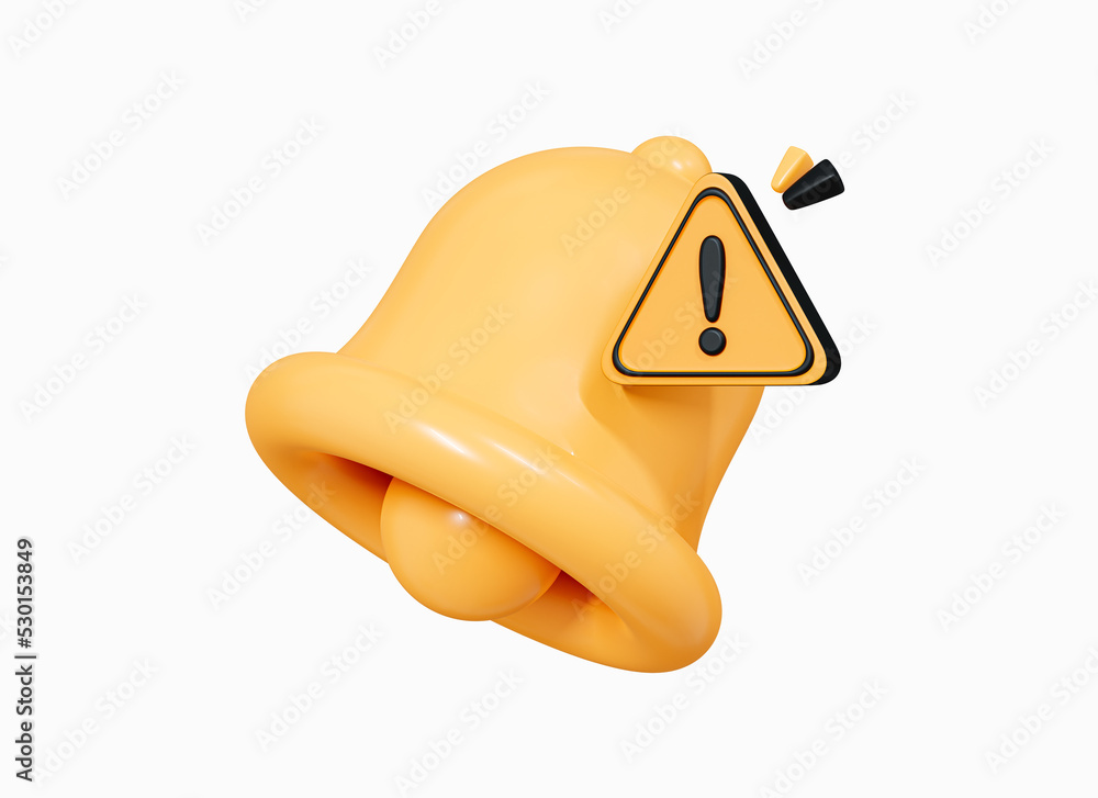 3D Bell notification with exclamation mark. Caution - danger. Attention ...