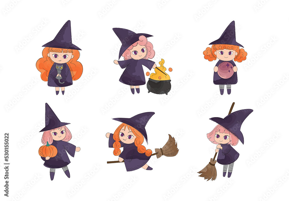 Witch Illustrations Cute Young Witches Stock Template | Adobe Stock