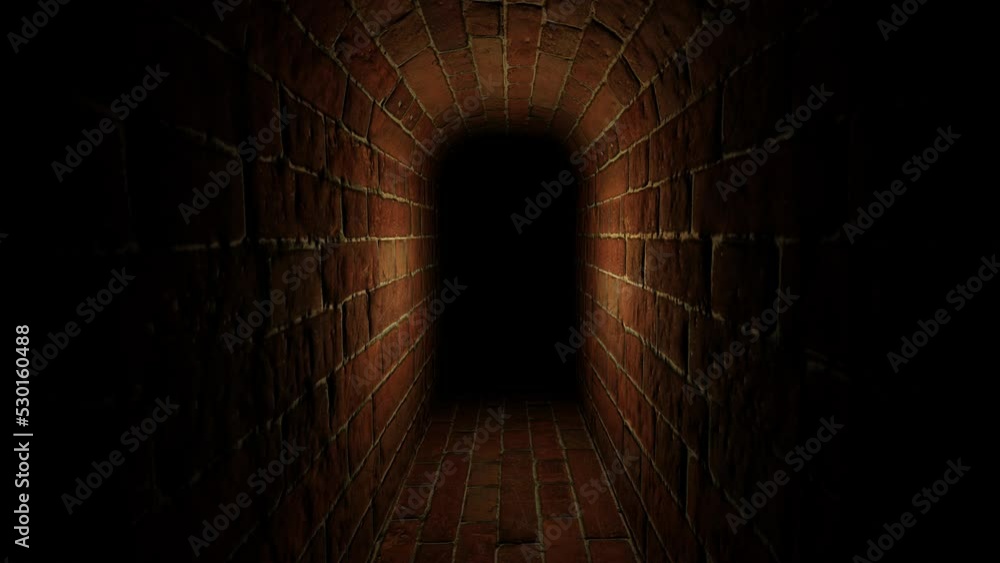 Underground secret corridor of the old castle. Movement through the ...