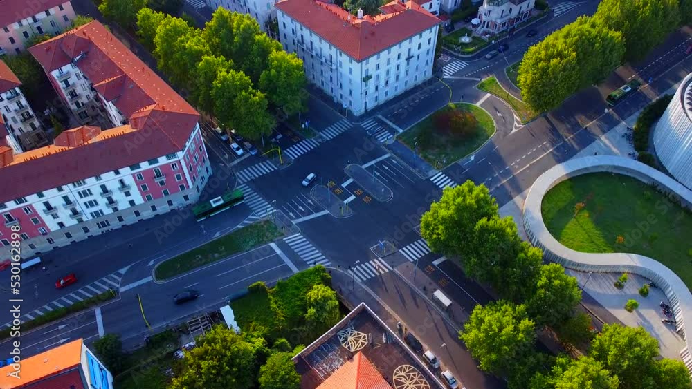 Aerial view of the roundabout and cars on it. Crossroads in the city ...