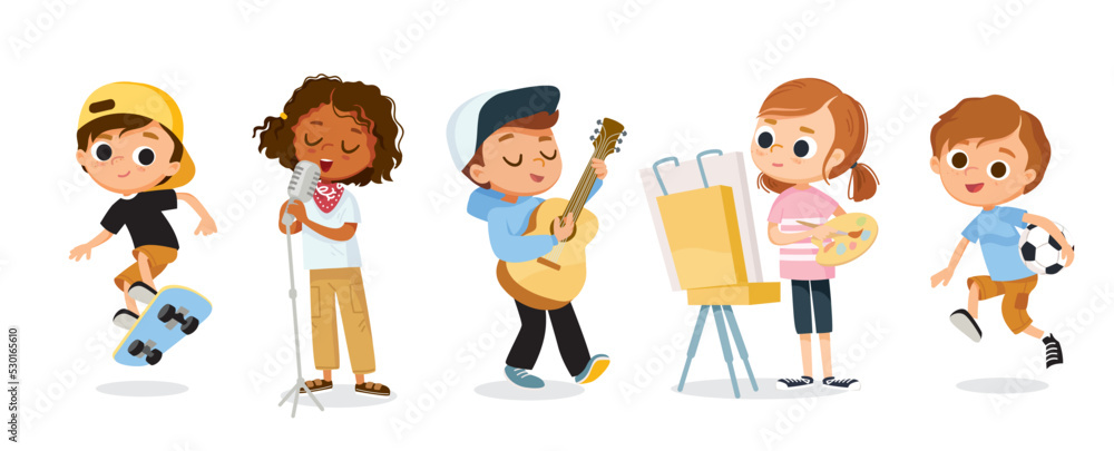 Children's hobbies and activities.School kids play music, paint ...