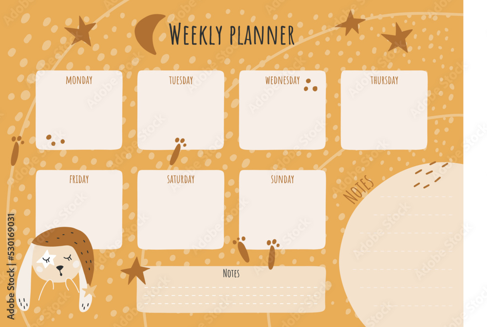 Printable weekly planner decorated with cute illustrations. Bunny ...