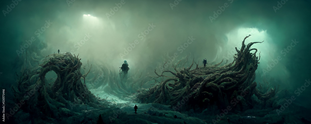 Lovecraft inspired scene. Dark and creepy cave with tentacle monsters ...