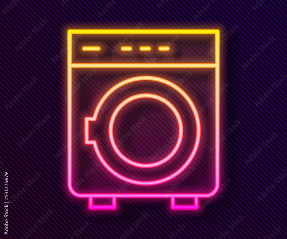 Glowing neon line Washer icon isolated on black background. Washing ...
