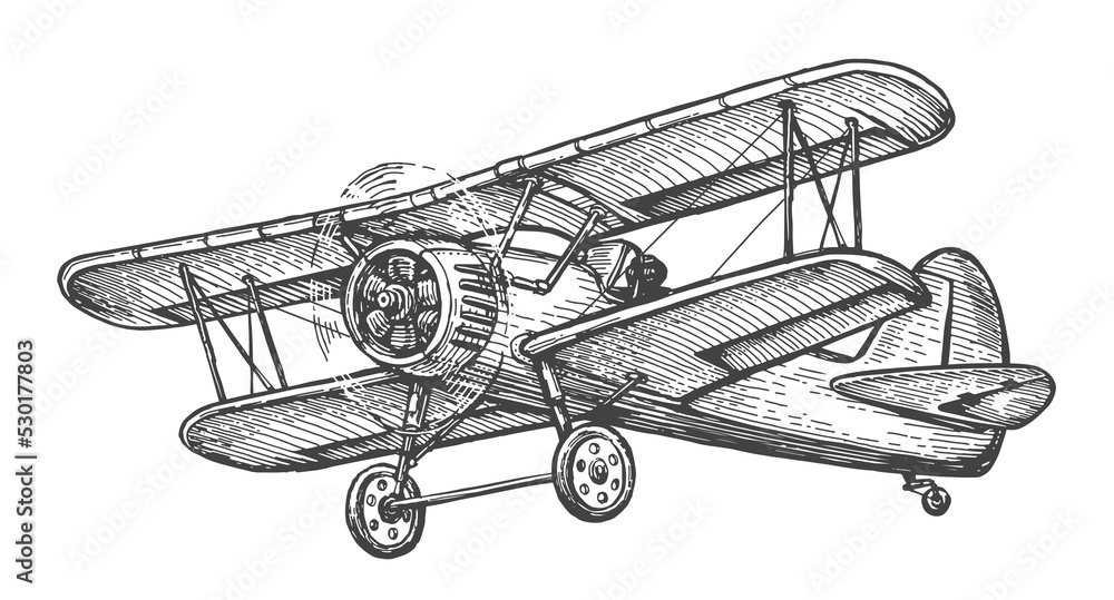 Flying aircraft. Retro plane. Hand sketch aviation in vintage engraving ...