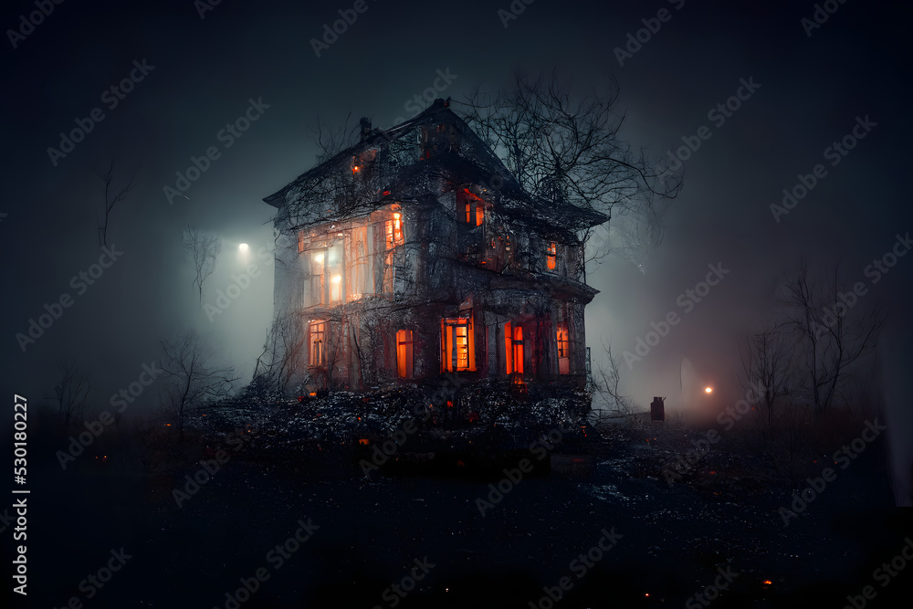 dark haunted house with illuminated windows at spooky misty dark ...