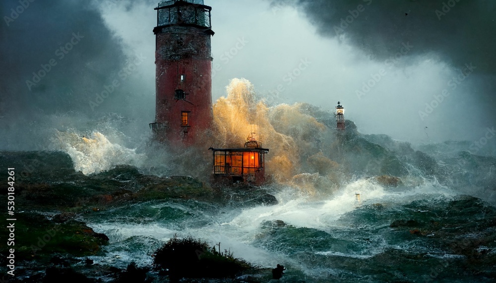 Closeup of A weathered Lighthouse, A massive splash, an explosion of ...