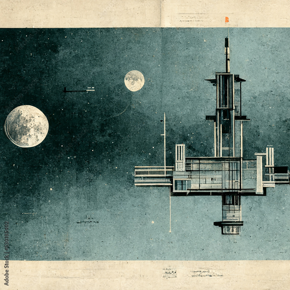 Science Fiction posters of space stations as mechanical drawings Stock ...