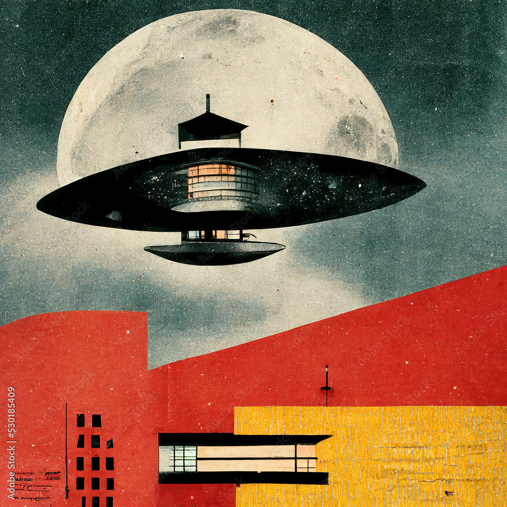 Science Fiction posters of space stations as mechanical drawings Stock ...