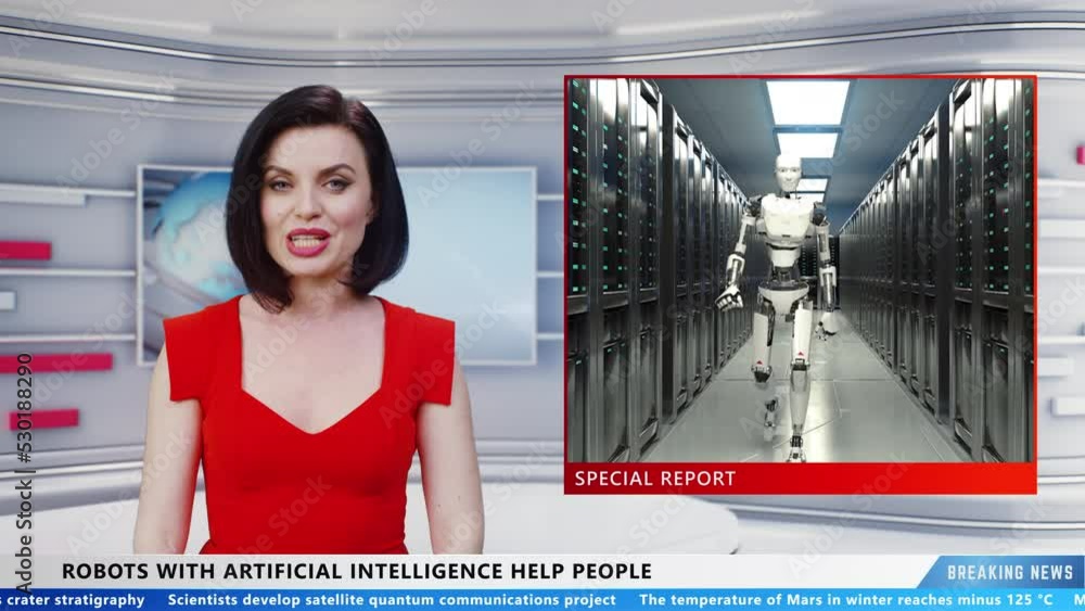 Woman TV presenter reporting on new technologies and robots with ...