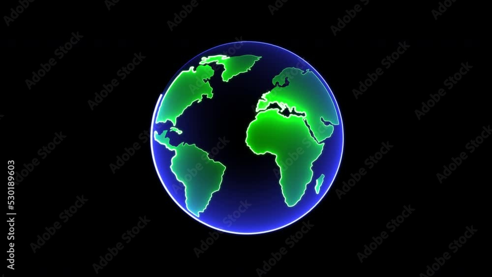 4K Neon Glowing Globe Earth Planet Icon Animation Isolated on Black ...