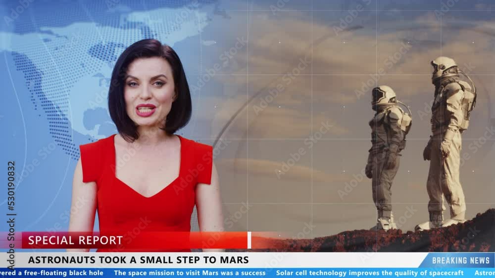 Female news anchor in TV studio reporting on first successful space ...