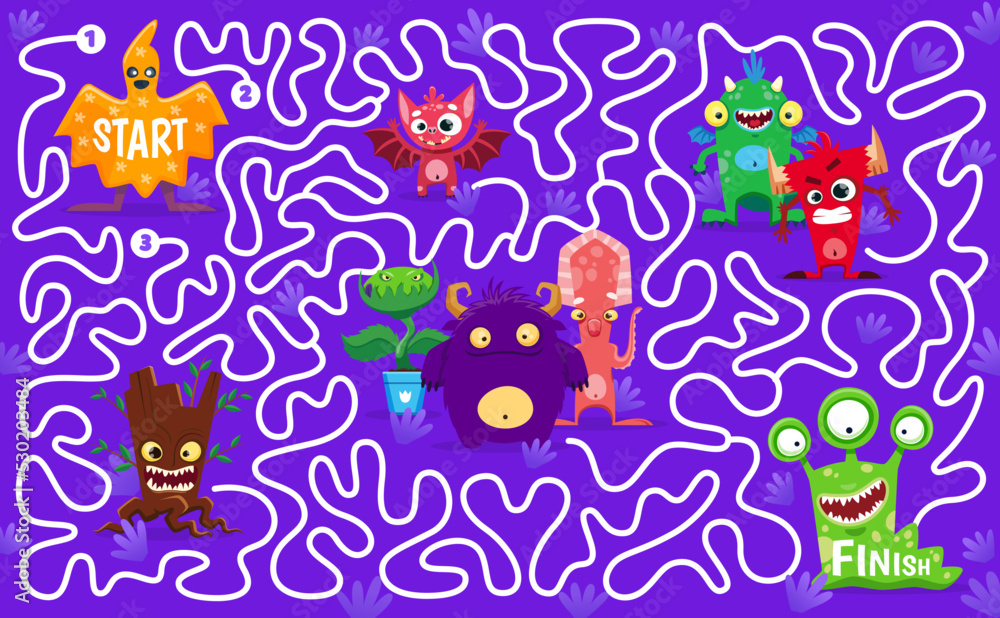 Labyrinth maze. Help to cartoon monster character to find his friends ...