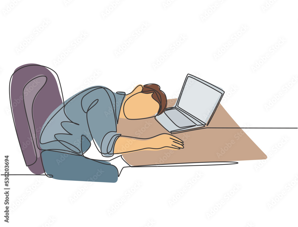 Single continuous line drawing of young sleepy male worker fall asleep ...