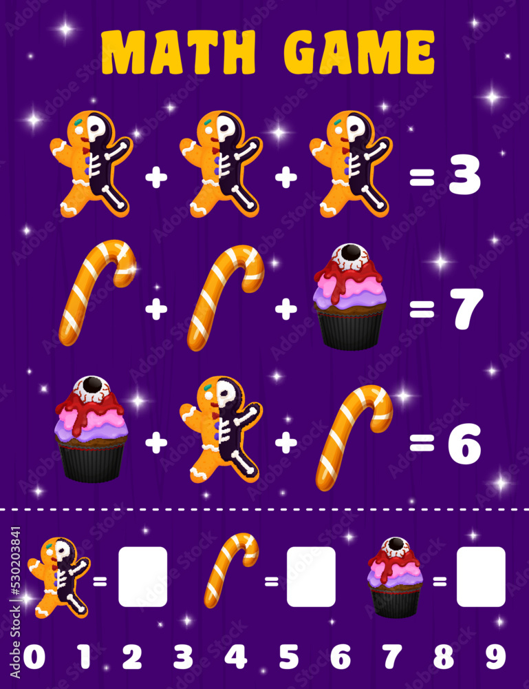 Cartoon Halloween sweets and candies. Math game worksheet. Children ...