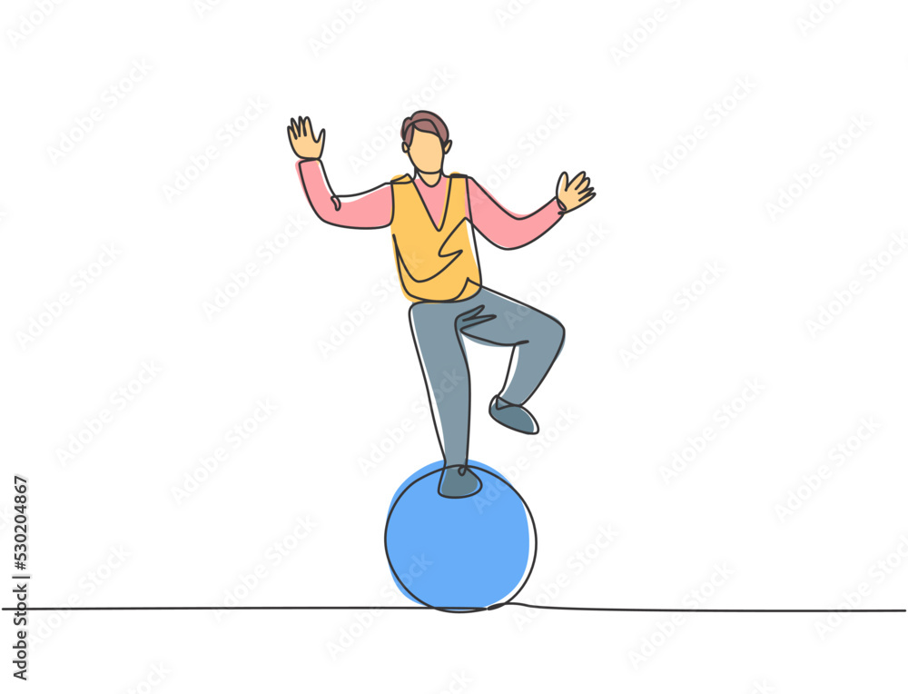 Continuous one line drawing a male acrobat performs a standing stunt ...