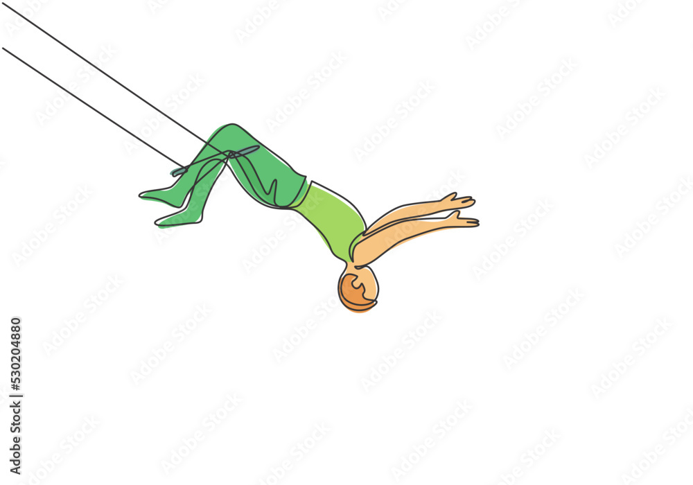 Single continuous line drawing a male acrobat performs on the trapeze ...