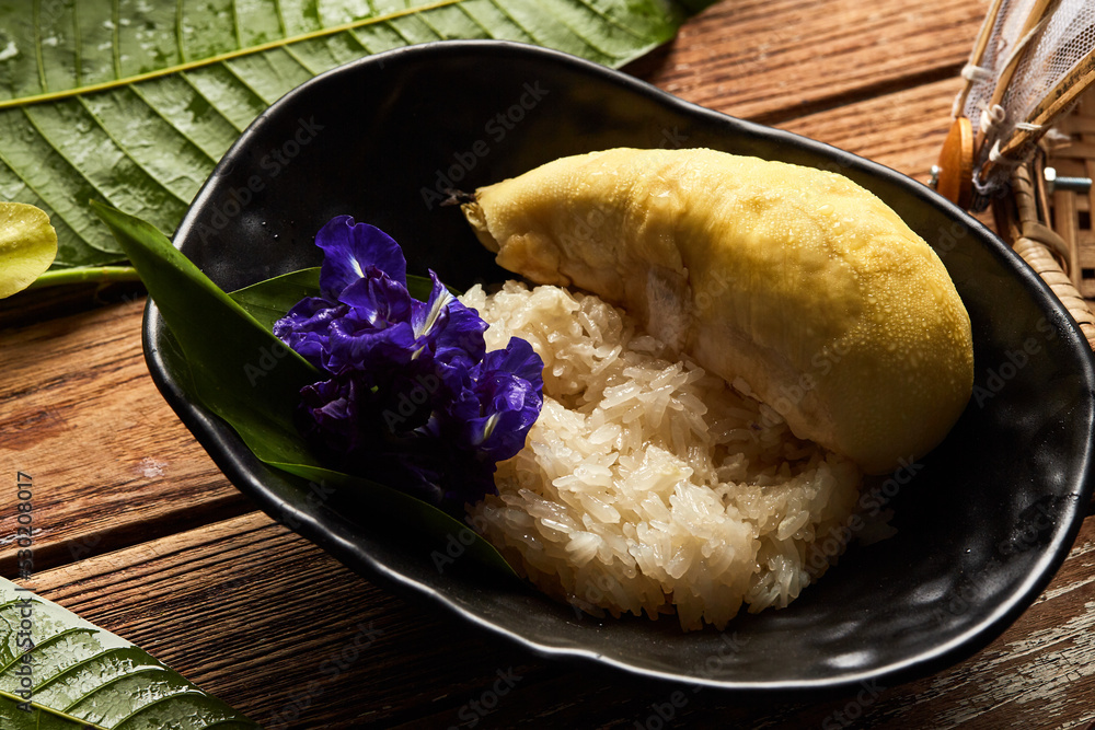 Durian Sticky Rice Asian Thai dessert tropical sweet durian peel with ...