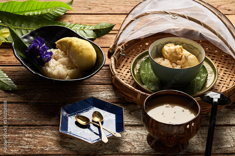 Durian Sticky Rice Asian Thai dessert tropical sweet durian peel with ...