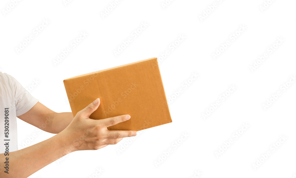 Delivery man hand holding parcel cardboard box isolated on white ...
