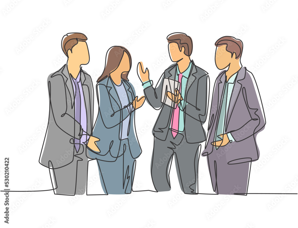 One continuous line drawing of young male and female employees have a ...