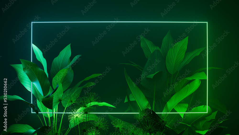 Green and Blue Neon Light with Tropical Plants. Rectangle shaped ...