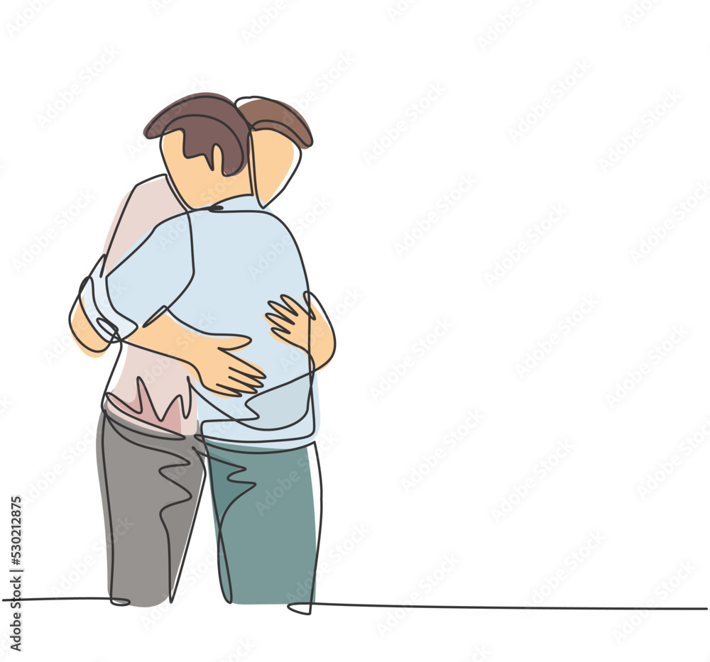 One single line drawing of two young happy managers embracing each ...