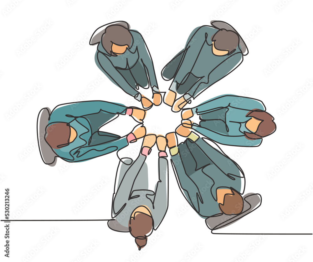 One continuous line drawing group of young male female business people ...