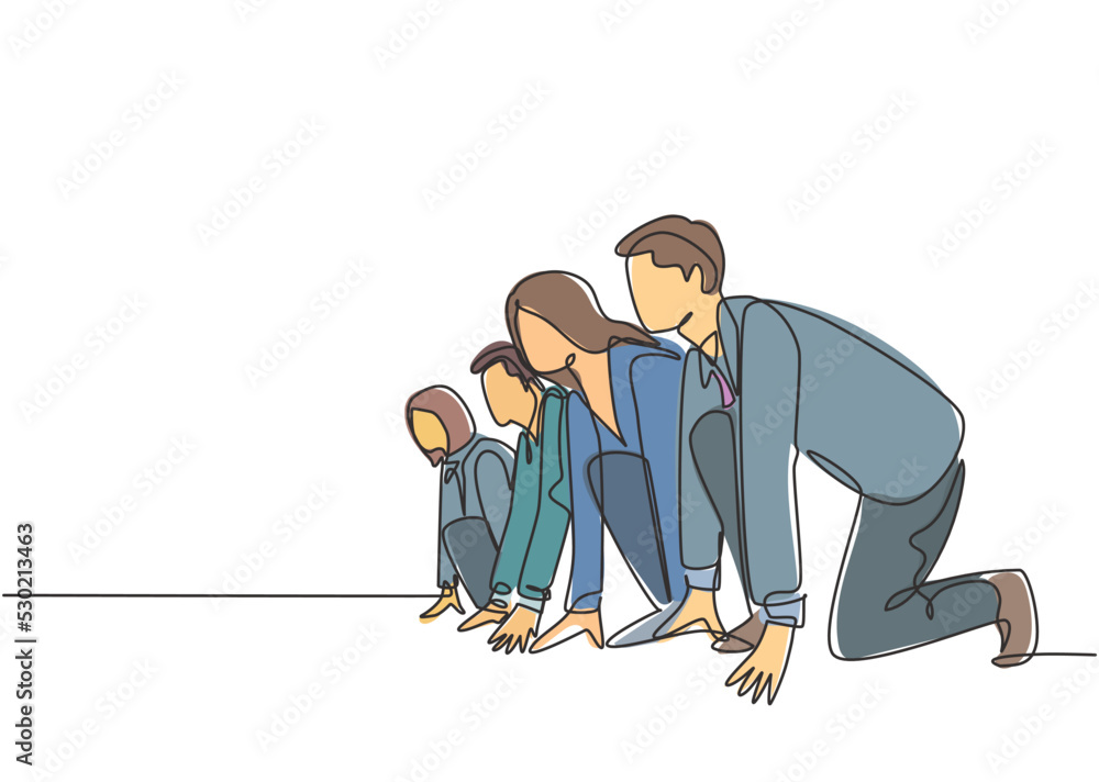 One single line drawing group of male and female worker gets ready on ...