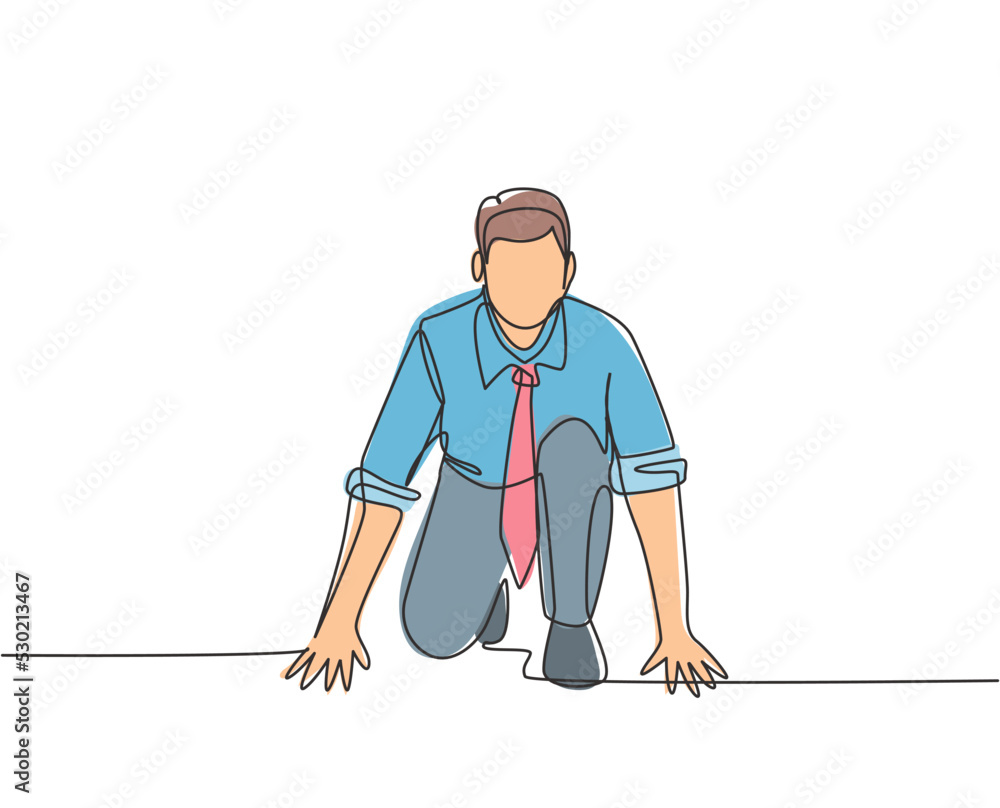 One continuous single line drawing of young happy businessman gets ...