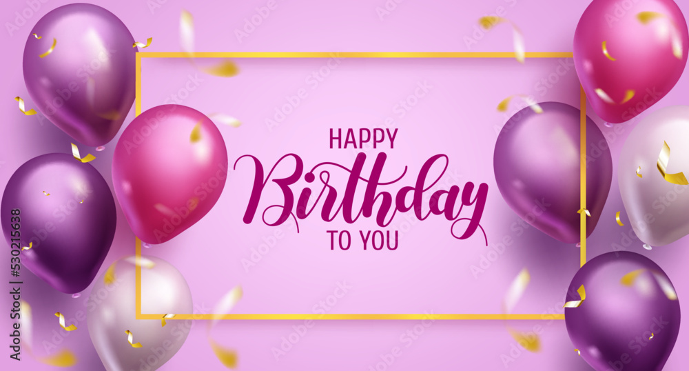 Birthday greeting vector template design. Happy birthday text in purple ...