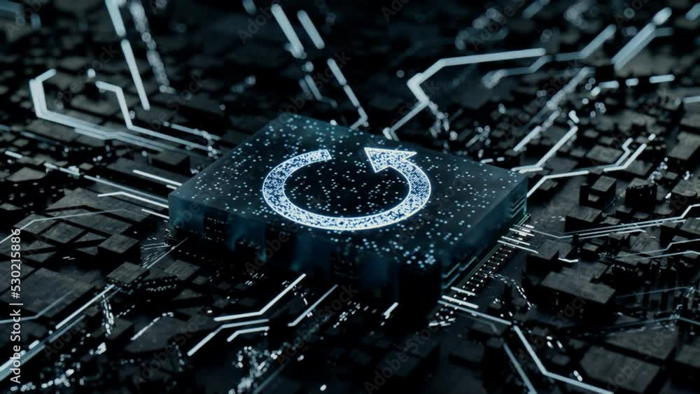 Reload Technology Concept with refresh symbol on a Microchip. White ...