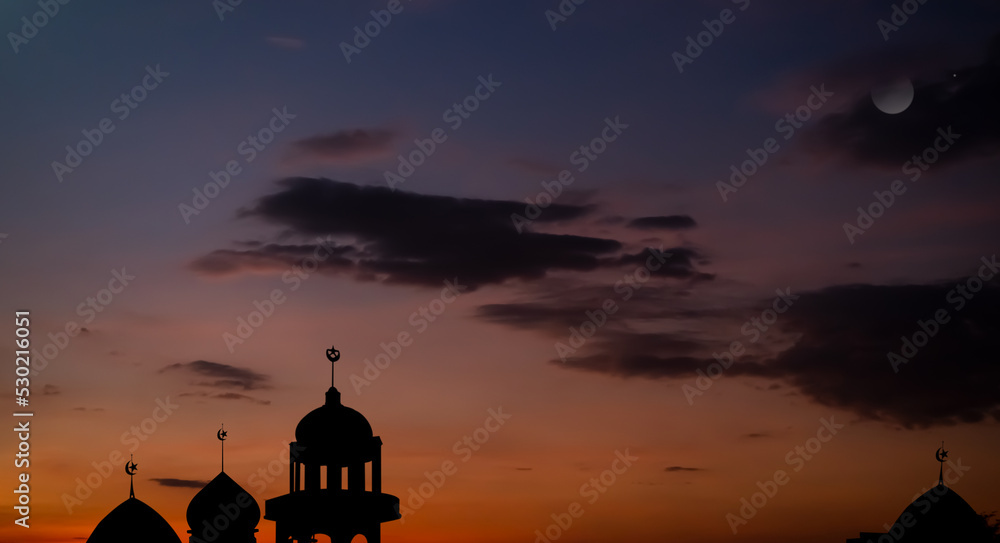 Silhouette Mosques Dome Crescent Moon and Star on Dark Black Twillight ...