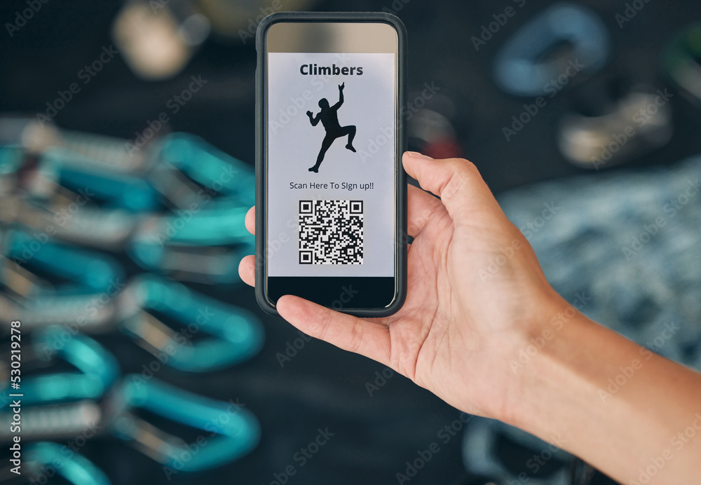 Man, hands and phone qr code for rock climbing, mountain sports and ...