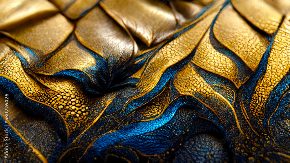 Blue and gold beast skin. Abstract leather wallpaper. Dragon scales ...