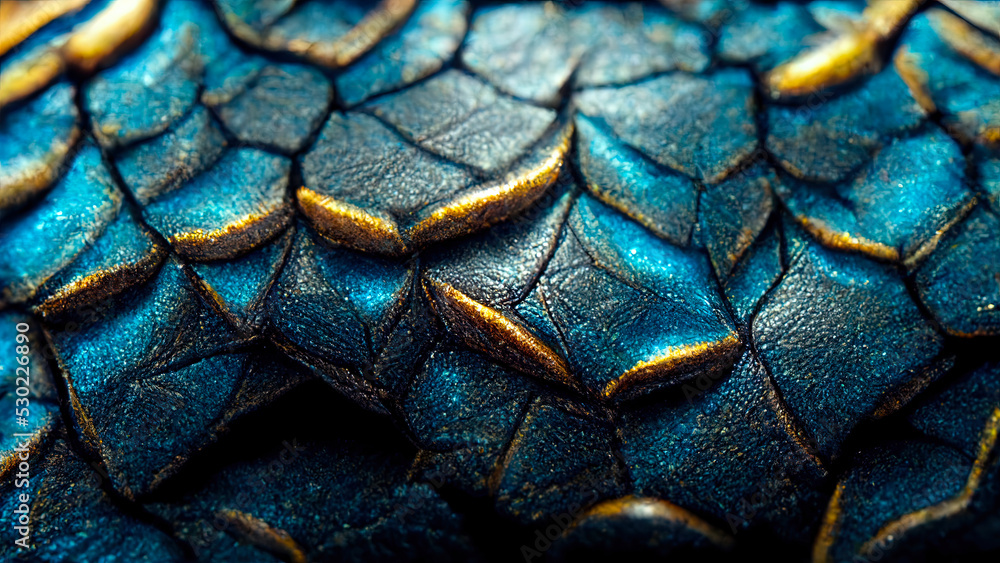 Blue and gold beast skin. Abstract leather wallpaper. Dragon scales ...