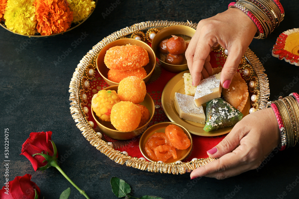 Fototapeta kuchenna Diwali sweets Mango chum chum barfi petha Laddu ...