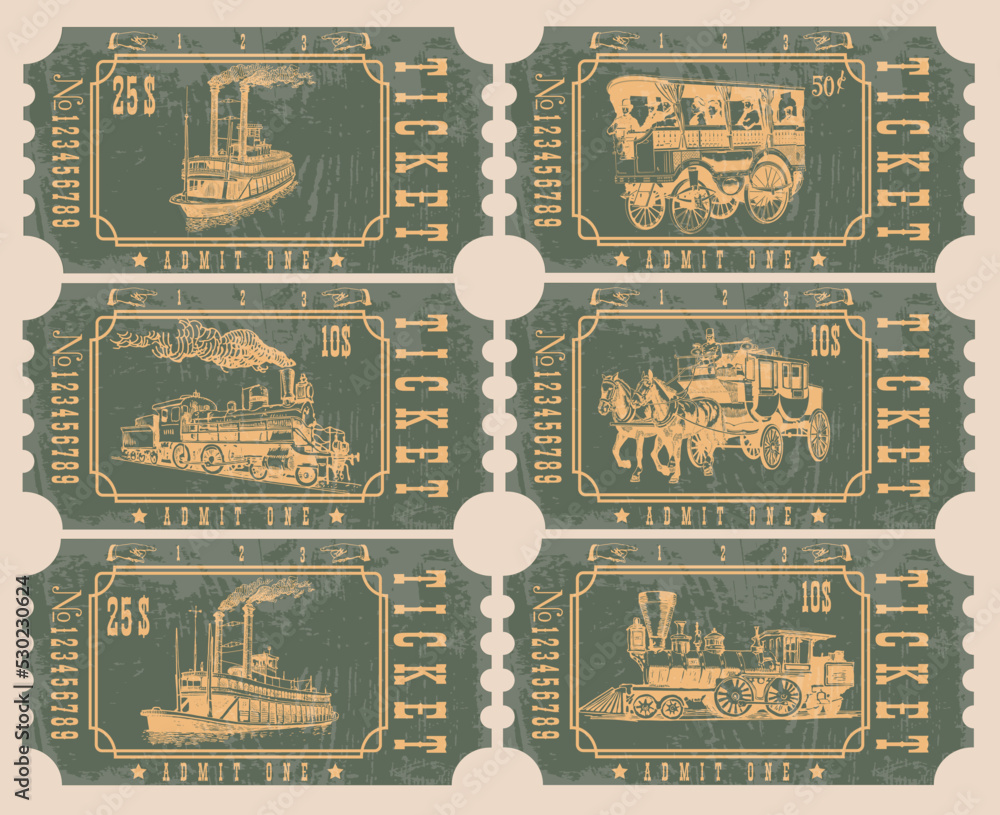 vector image of a set of vintage tickets for different retro transport ...